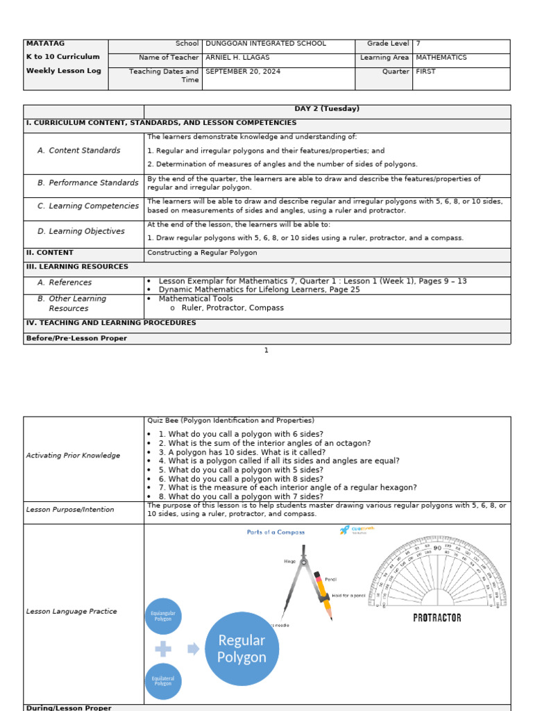 Cot 2 Matatag Lesson Plan Grade 7 | PDF | Angle | Polygon
