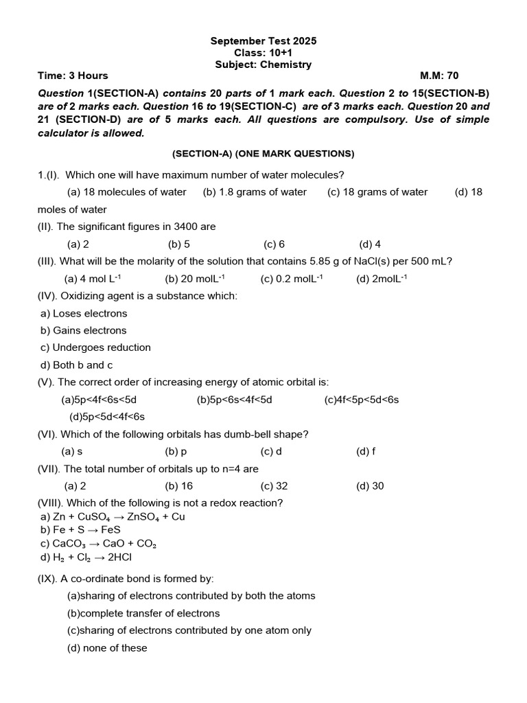 Sample Paper 02 11th Chemistry Sept Exam | PDF | Mole (Unit) | Chemistry
