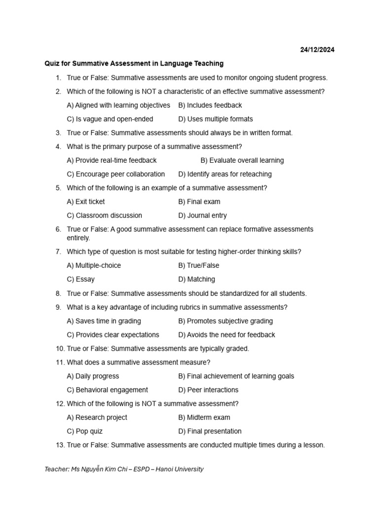 Summative Assessment Quiz for Teachers | PDF | Educational Assessment ...