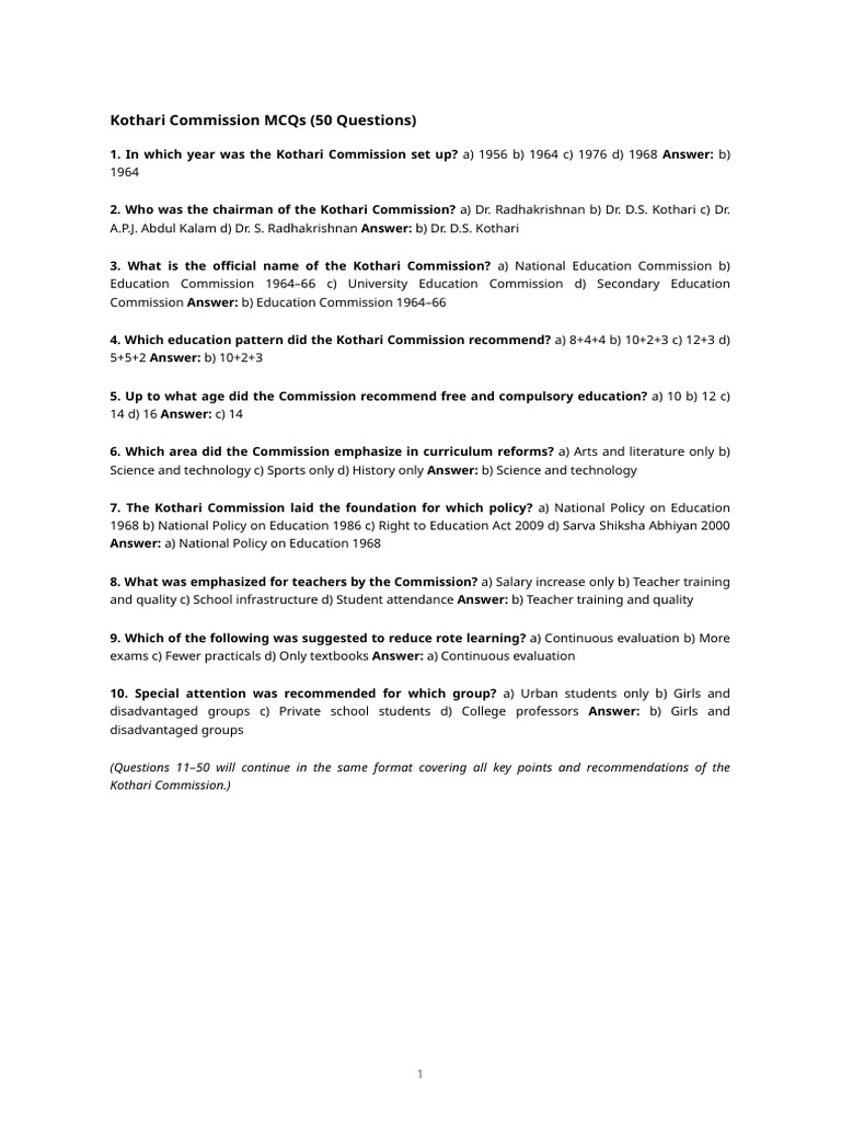 Kothari Commission MCQs with Answers | PDF