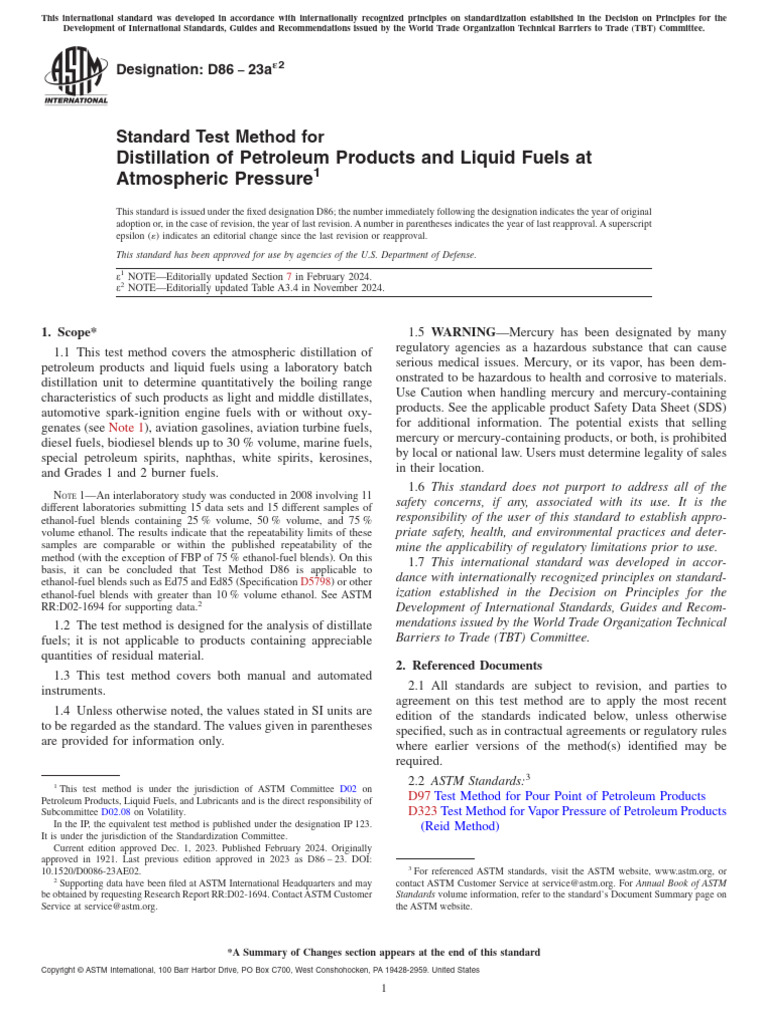 ASTM D86 Standard Test Method | PDF | Distillation | Thermometer
