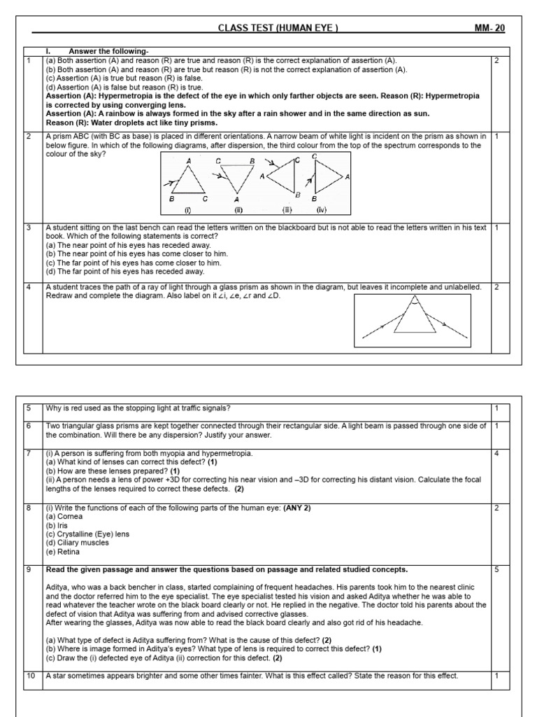 Human Eye 10th Class Test | PDF | Eye | Rainbow