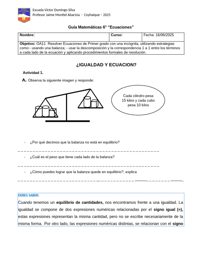 Guía de Ecuaciones para 6° Básico | PDF | Ecuaciones | Sustracción