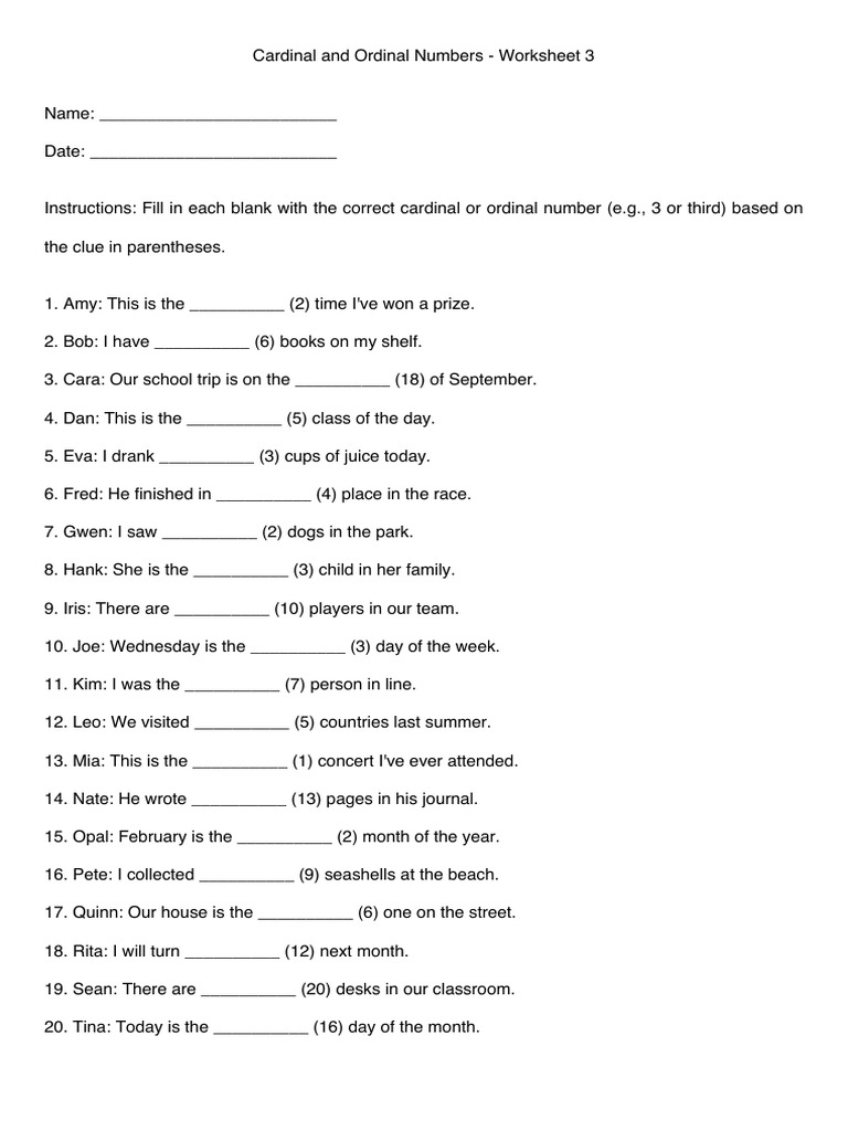 Cardinal and Ordinal Numbers Worksheet | PDF