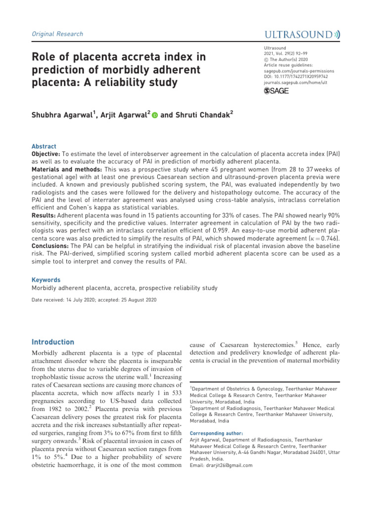 Role of Placenta Accreta Index in Prediction of Morbidly Adherent ...