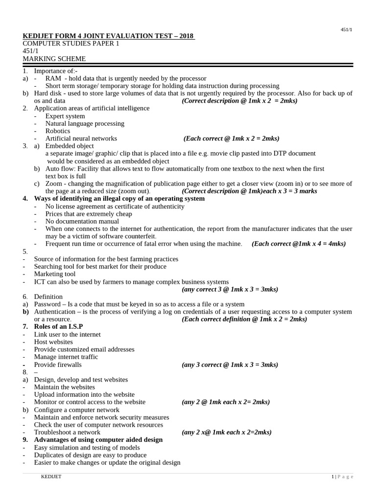 Kedijet Joint Trial Examination 2018 - Computer Studies Pp1 Ms | PDF | Computer Data Storage ...