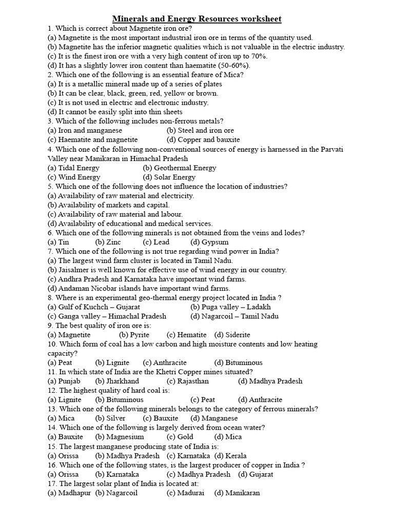 Minerals and Energy Resources Worksheet | PDF | Rock (Geology) | Ore