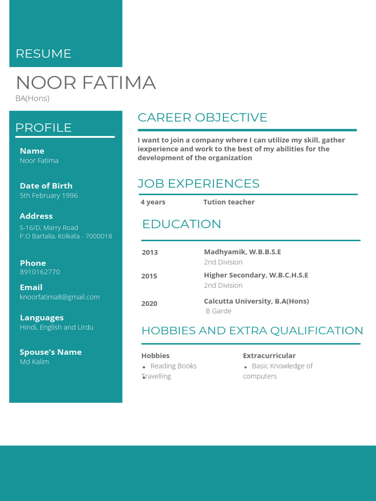 Noor Fatima Resume PDF | PDF