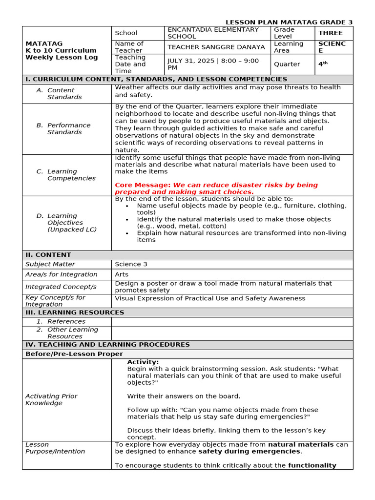 Grade 3 Matatag Science Lesson Plan | PDF | Lesson Plan | Learning