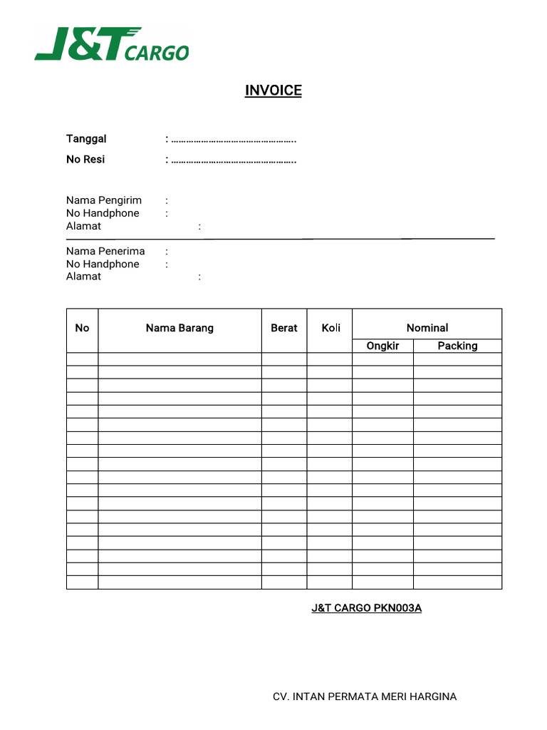 Invoice J&T Cargo untuk Pengiriman | PDF