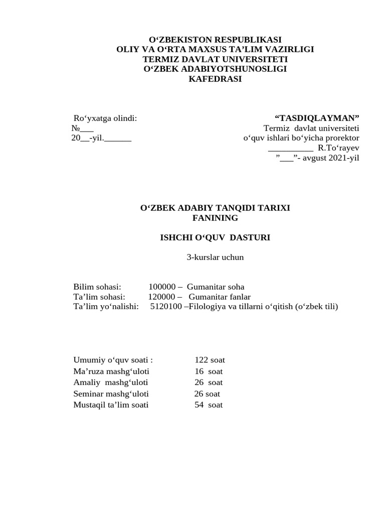 O'Zbek Adabiy Tanqidi Tarixi - ISHCHI Dastur | PDF