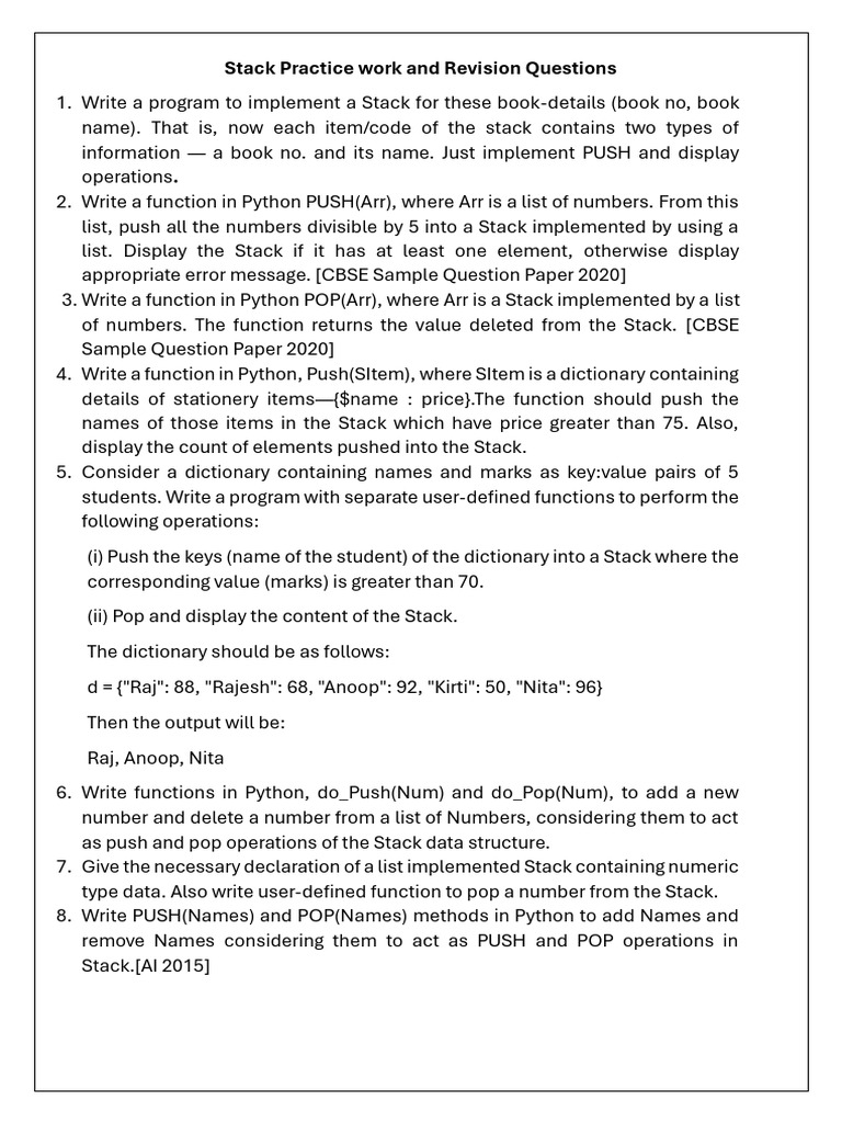 CS - GRADE XII - Stack Practice Work and Revision Questions | PDF ...