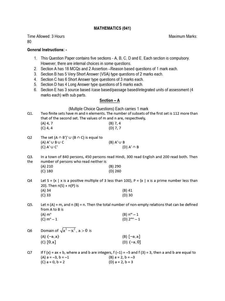 QP-1 (Sets, Rel Function, Trigo, Complex Linear Ineq) | PDF | Number ...