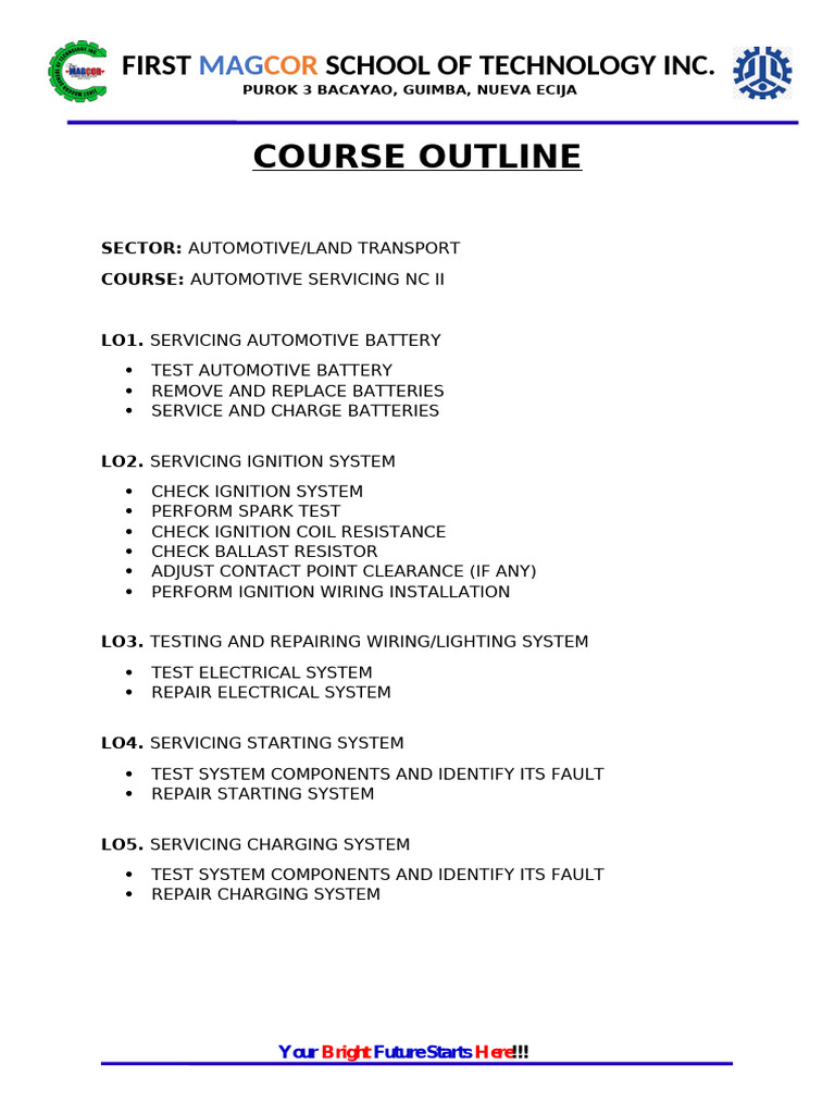 Automotive Servicing Course Outline | PDF