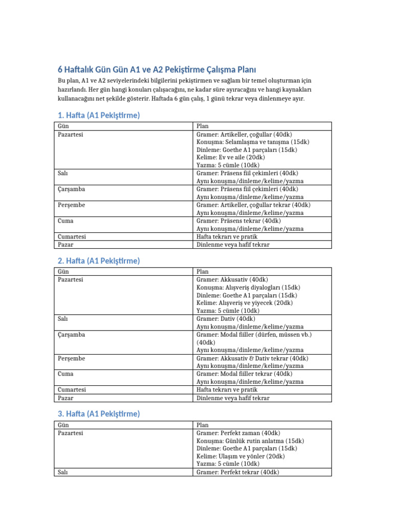 A1 A2 Pekistirme Gunluk Calisma Plani | PDF
