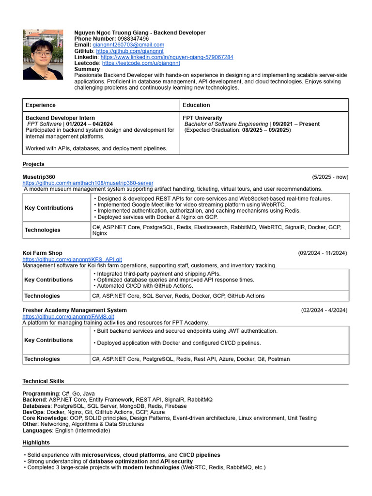 Nguyen Ngoc Truong Giang - Backend Developer | PDF | Databases | Postgre Sql