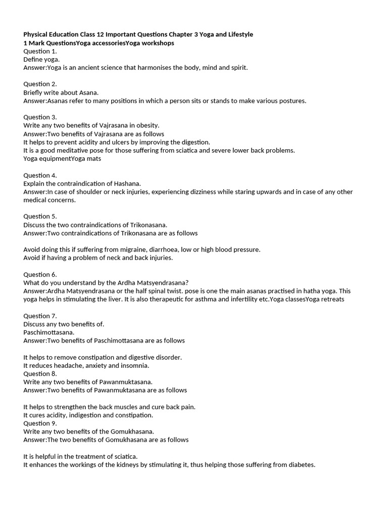 Class 12 Yoga and Lifestyle Questions | PDF | Asana | Back Pain