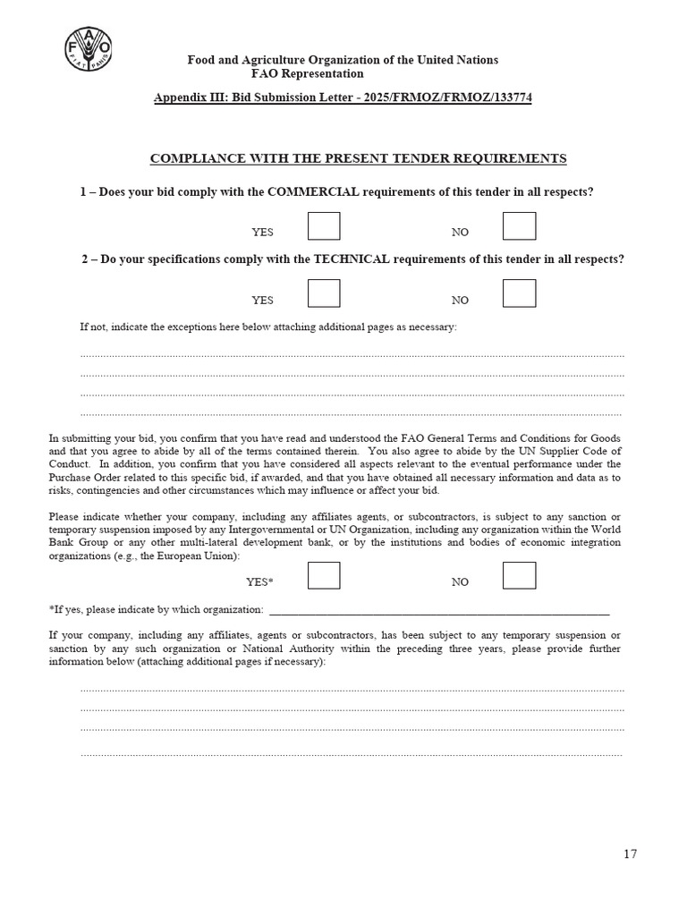 Appendix III - Bid Submission Letter | PDF | Food And Agriculture ...