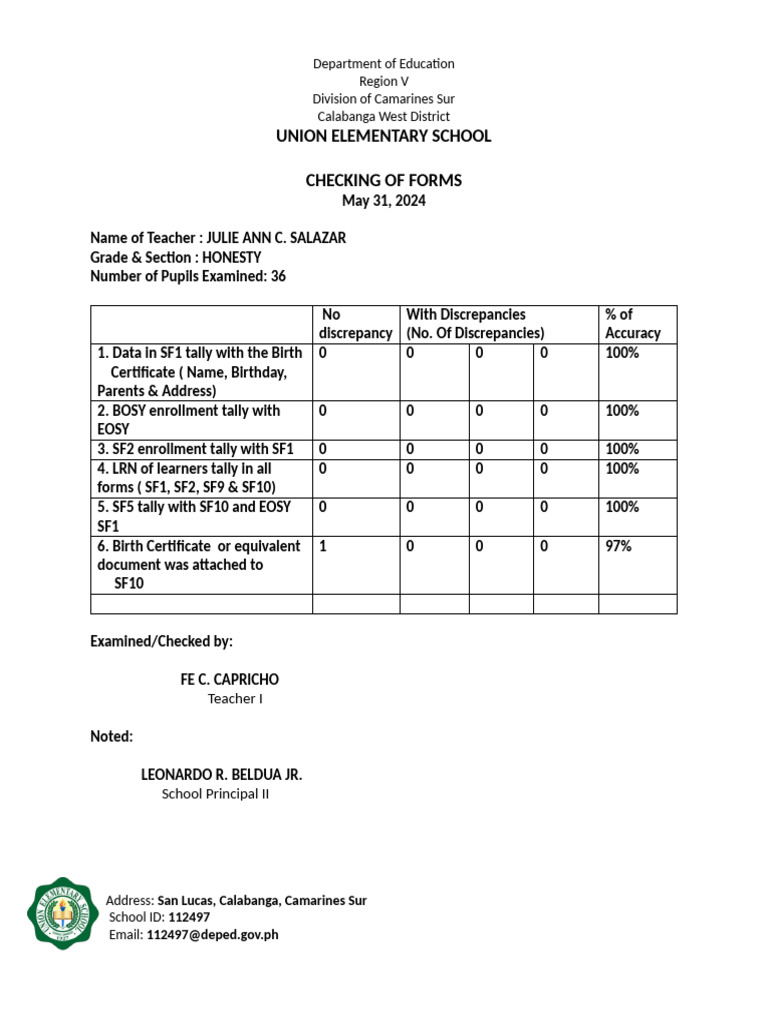 Union Elementary School Form Check Report | PDF