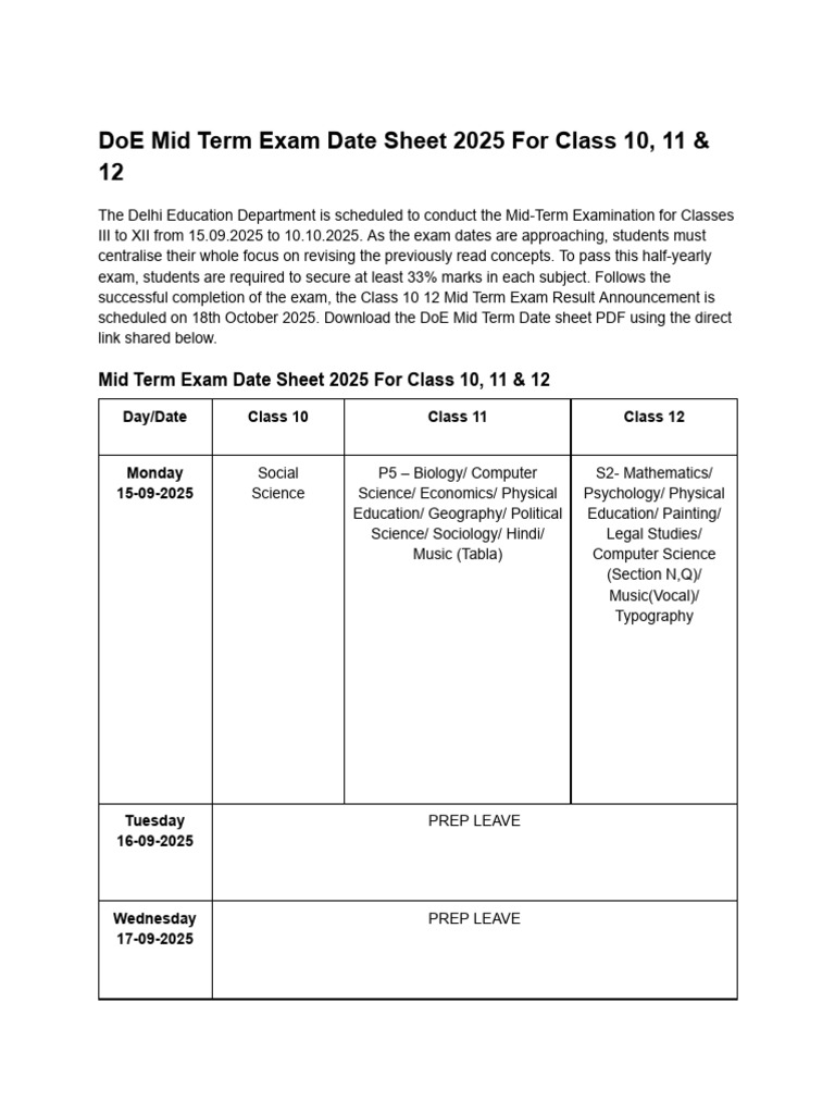 DoE Mid Term Exam Date Sheet 2025 | PDF | Science