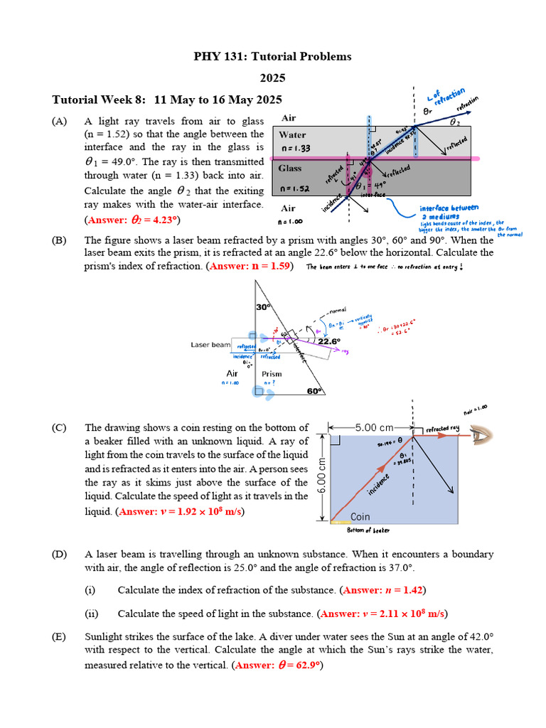 PHY 131 - Tutorial 8 - 12 May To 16 May | PDF | Refraction | Light