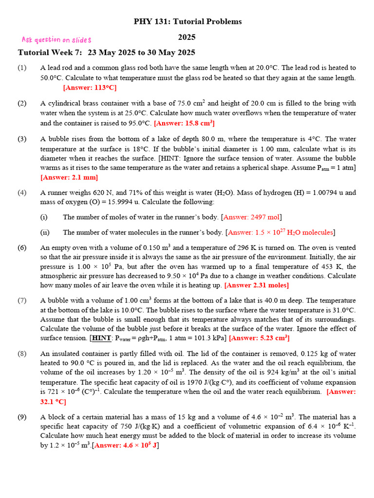 PHY 131 - Tutorial 7 - 23 April - 30 April | PDF | Water | Atmosphere ...
