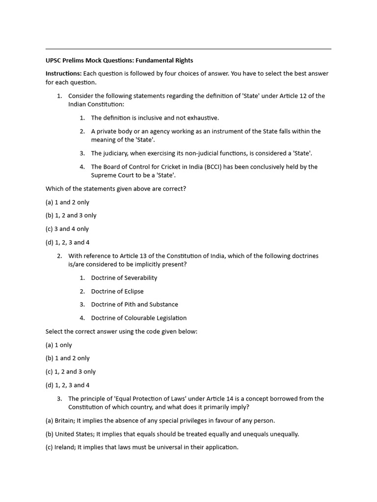UPSC Prelims Mock Questions Fundamental Rights | PDF | Justice | Crime ...