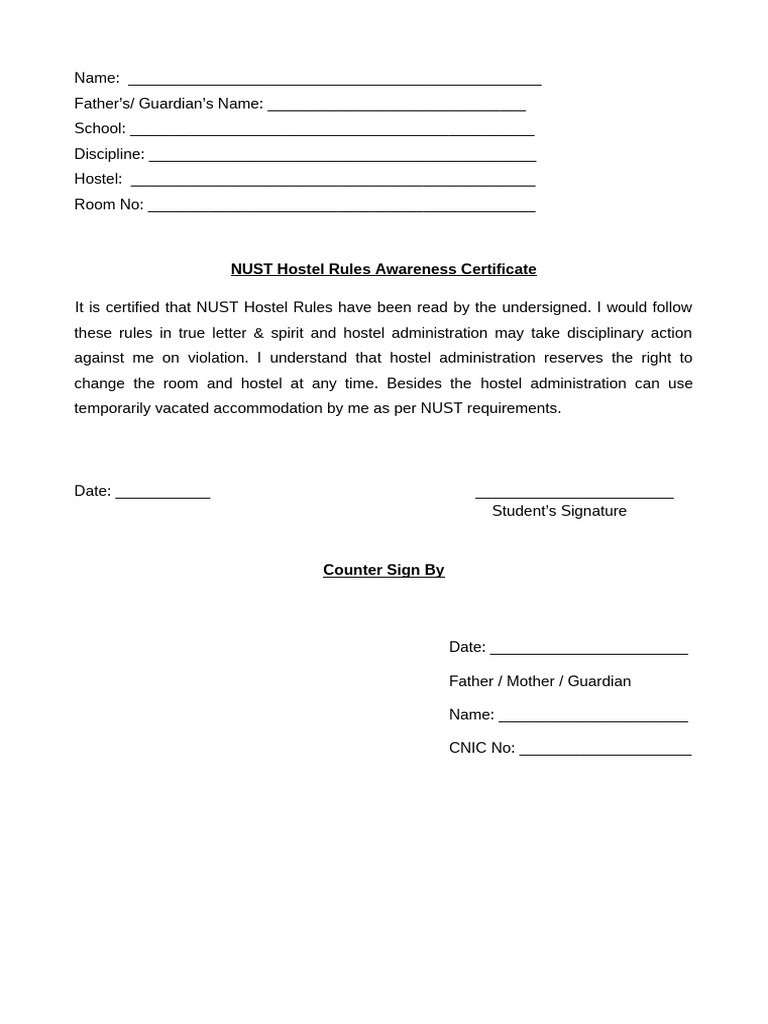 NUST Hostels Rules Awareness Certificate Undetaking1 | PDF | Drugs ...