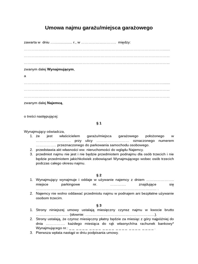 Umowa Najmu Miejsca Garazowego Garazu Wzor | PDF