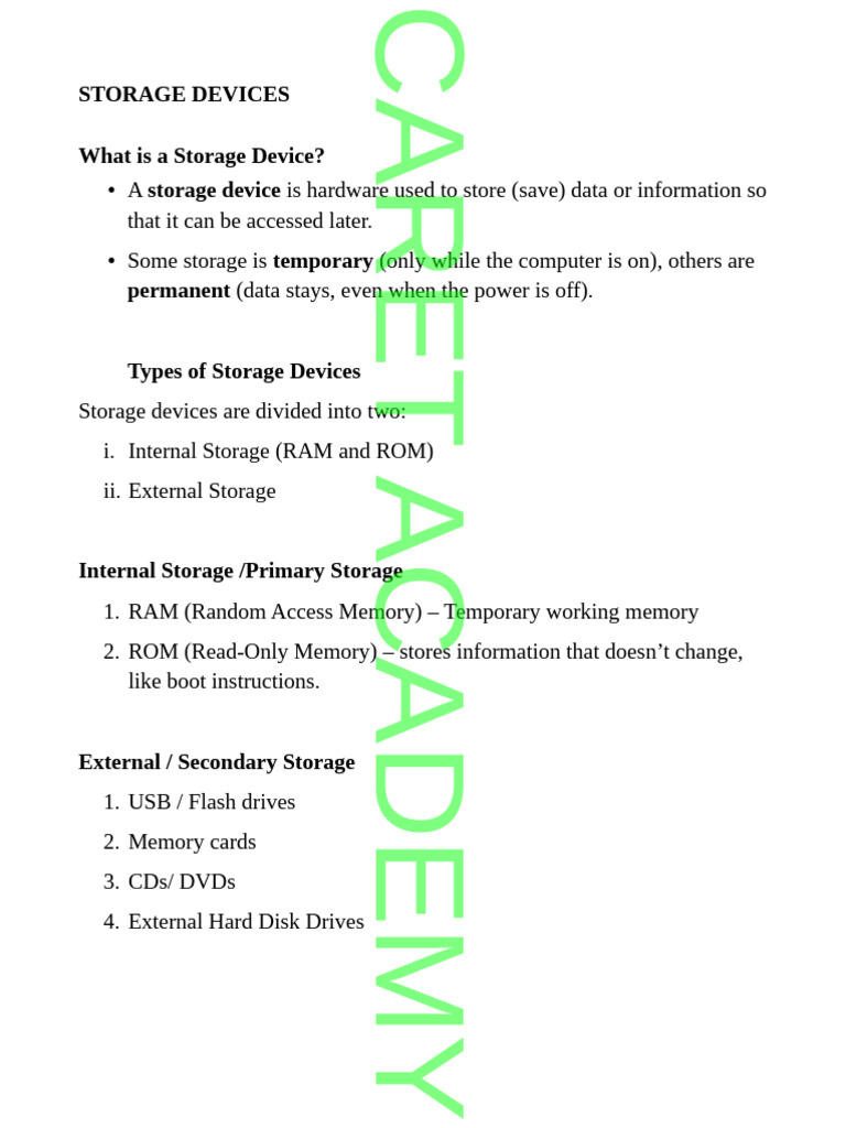 Storage Devices For Basic 4 (Week 1) | PDF