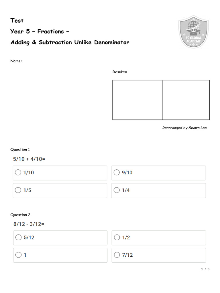 Test - Year 5 - Fractions - Addition & Subtraction | PDF