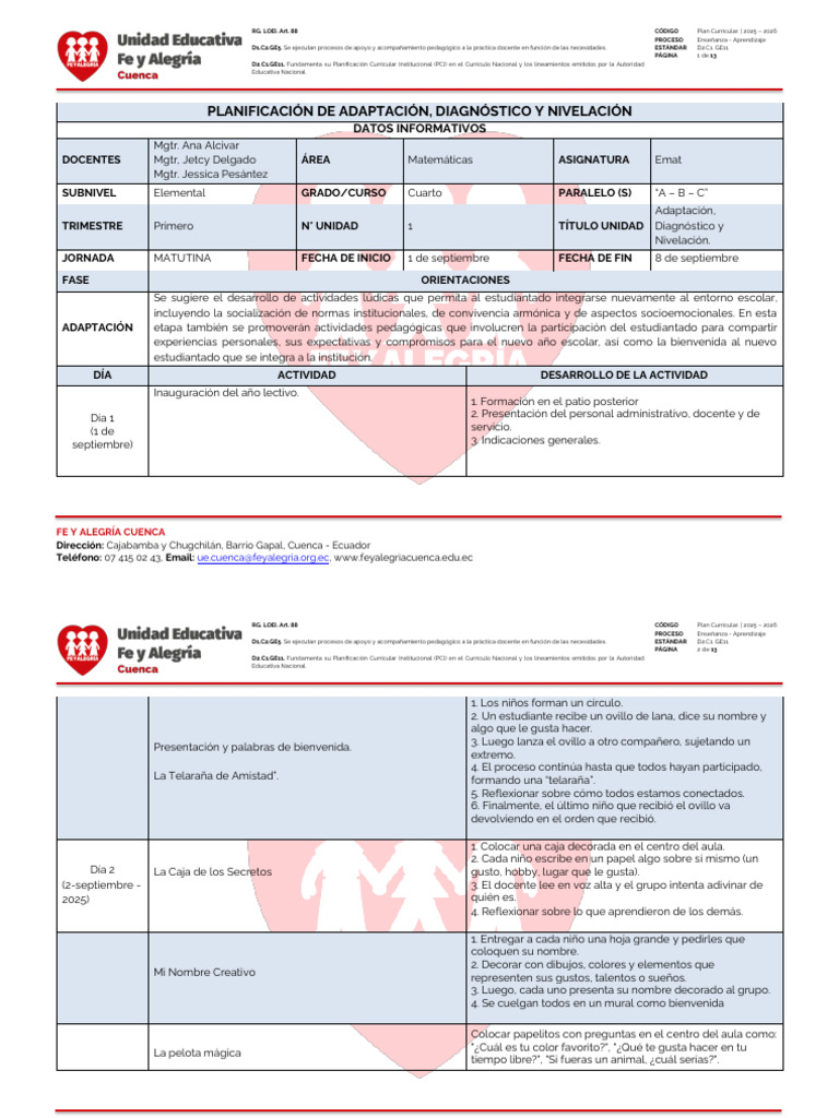 Planificación Adaptación, Diagnóstico y Nivelación Emat | PDF ...