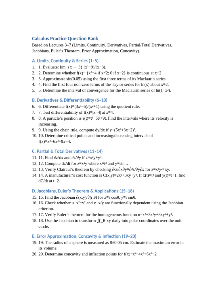 Calculus Question Bank: Limits to Derivatives | PDF