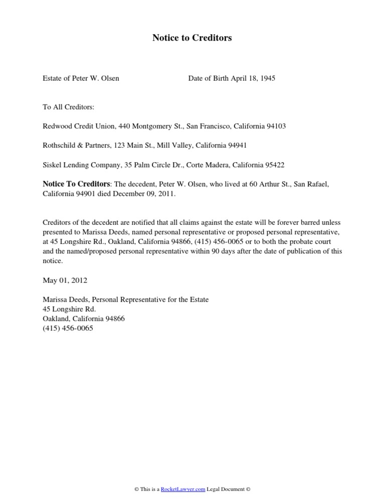 Notice to Creditors