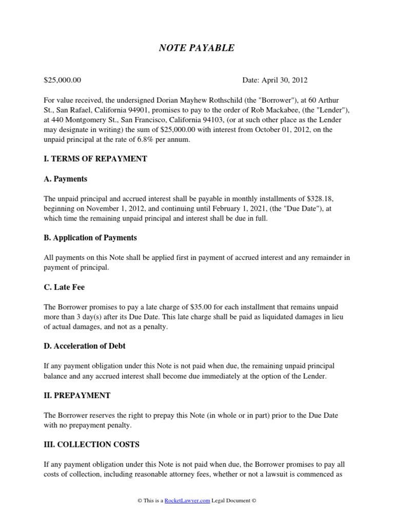 Note Payable: I. Terms of Repayment A. Payments | PDF | Debtor | Interest
