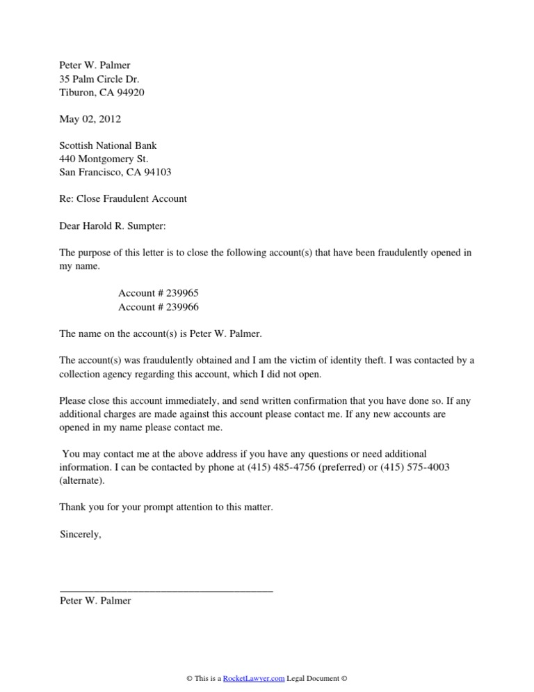 Request to Close a Fraudulent Bank Account