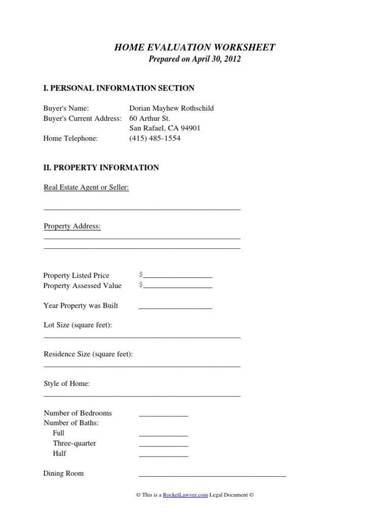 Home Evaluation Worksheet | PDF