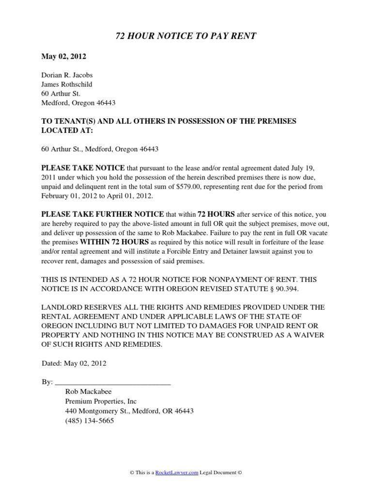 72 Hour Eviction Notice for Rent Due | PDF | Finance & Money Management ...