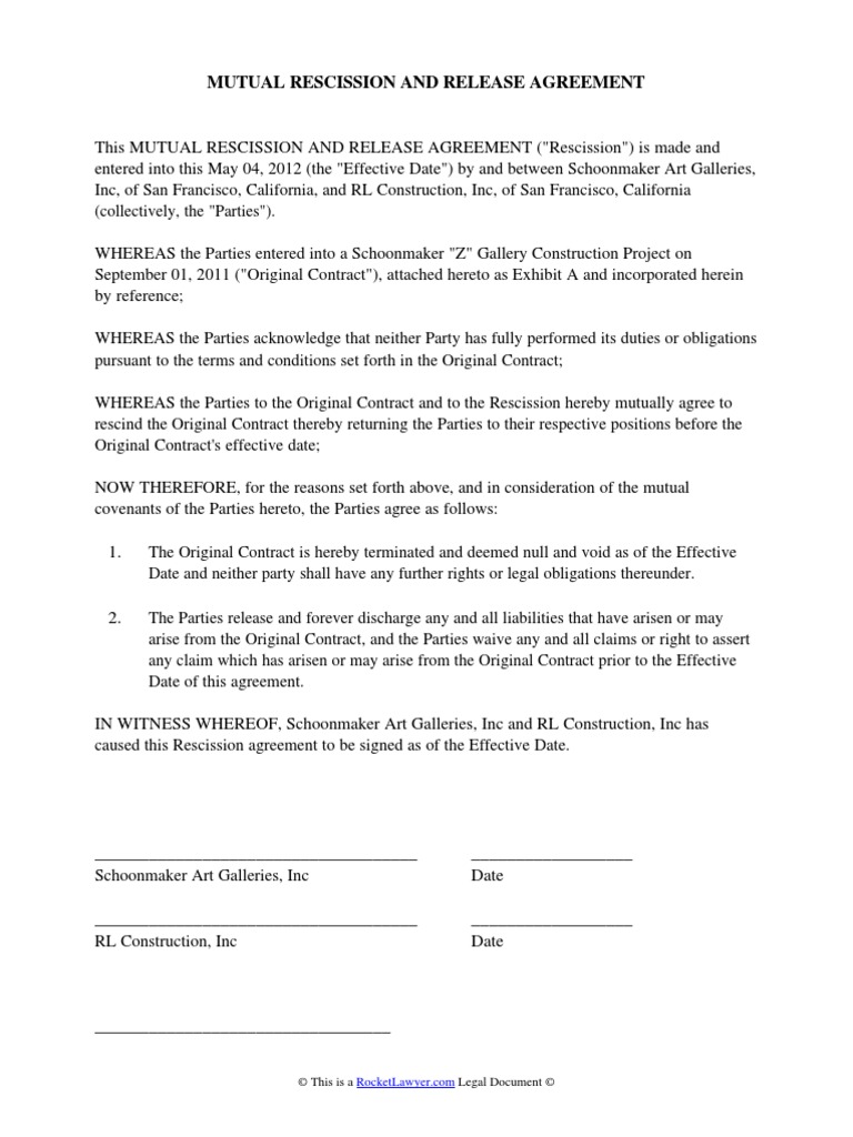 Mutual Rescission and Release Agreement | PDF | Contract Law ...