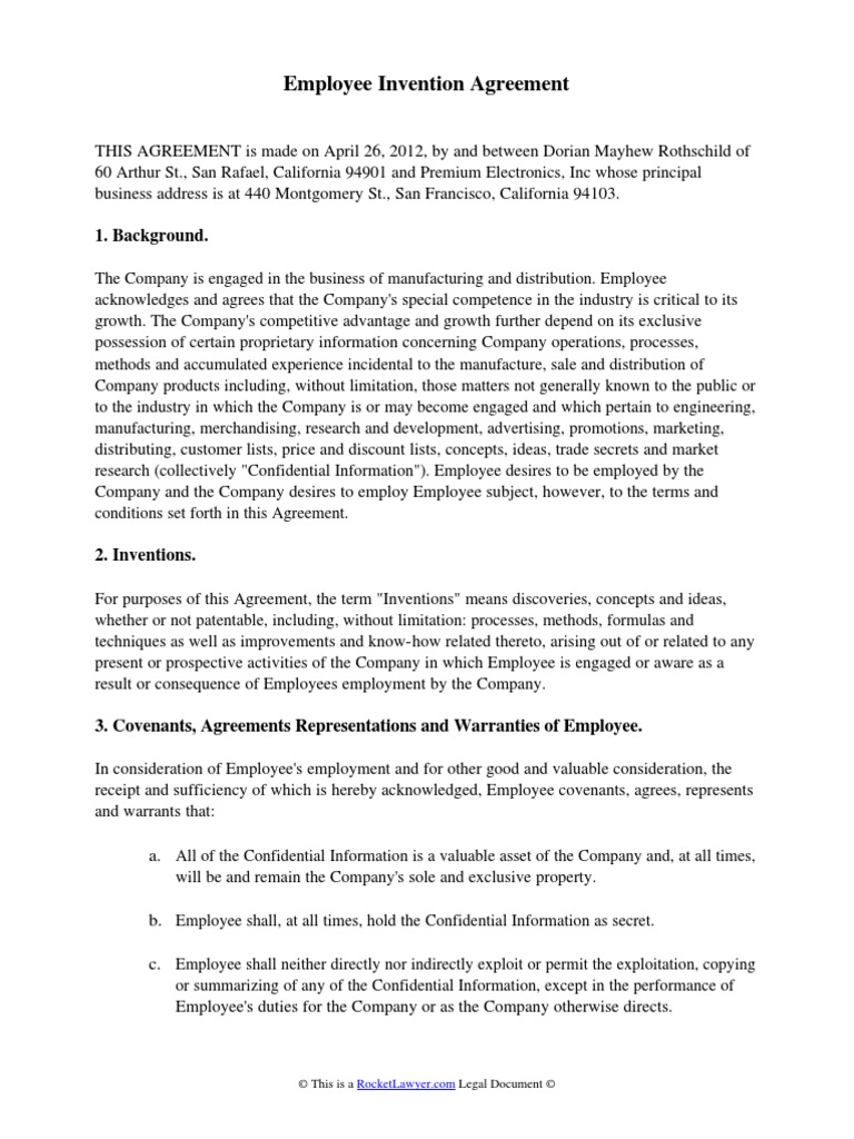 Employee Invention Agreement | PDF | Invention | Employment
