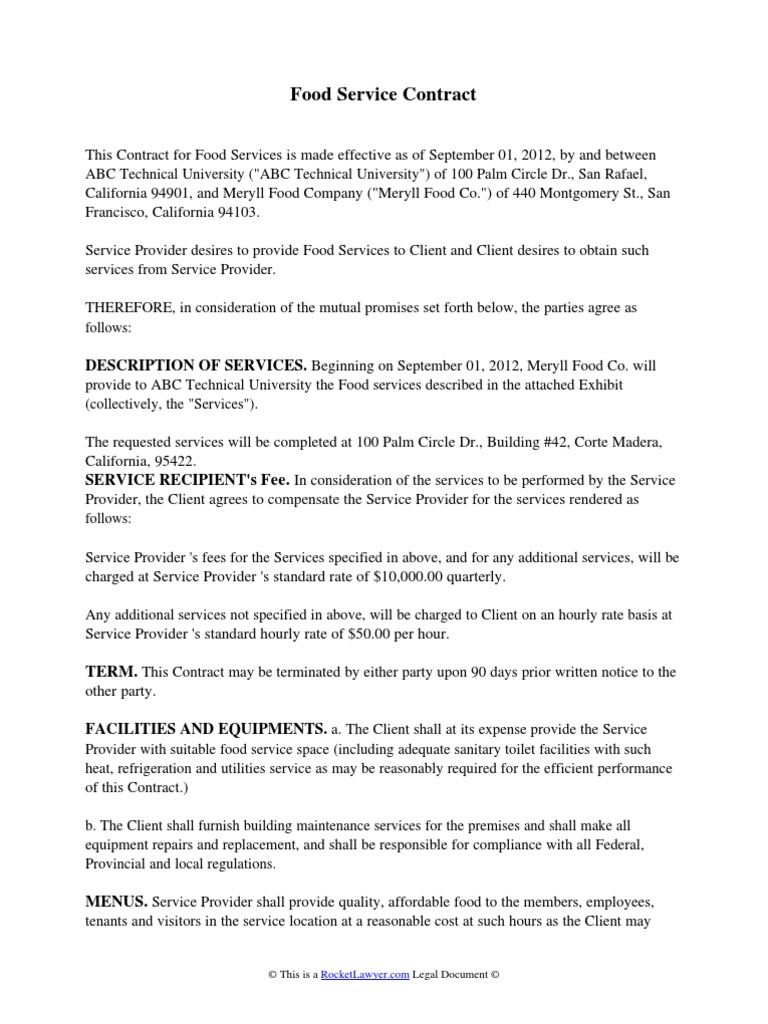 Food Service Contract | PDF | Indemnity | Legal Concepts
