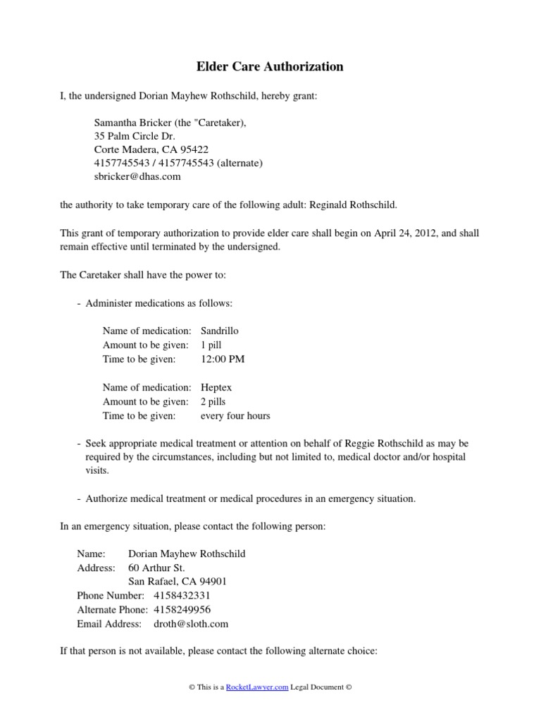 Elder Care Authorization Form | PDF