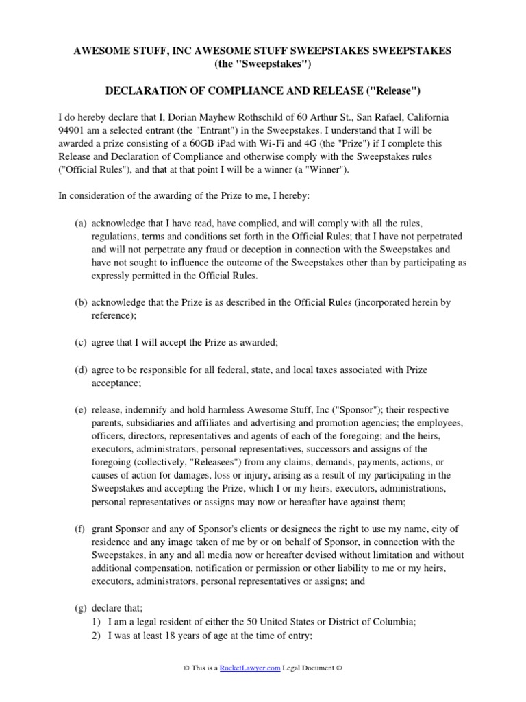 Sweepstakes Compliance Release Form | PDF | Indemnity | Justice