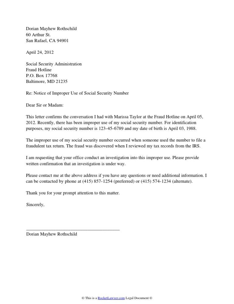 Letter To Report Unauthorized Use of A Social Security Number | PDF