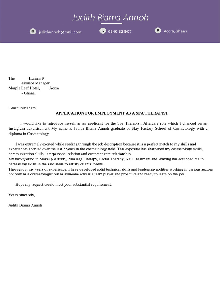 Spa Therapist Job Application Letter | PDF