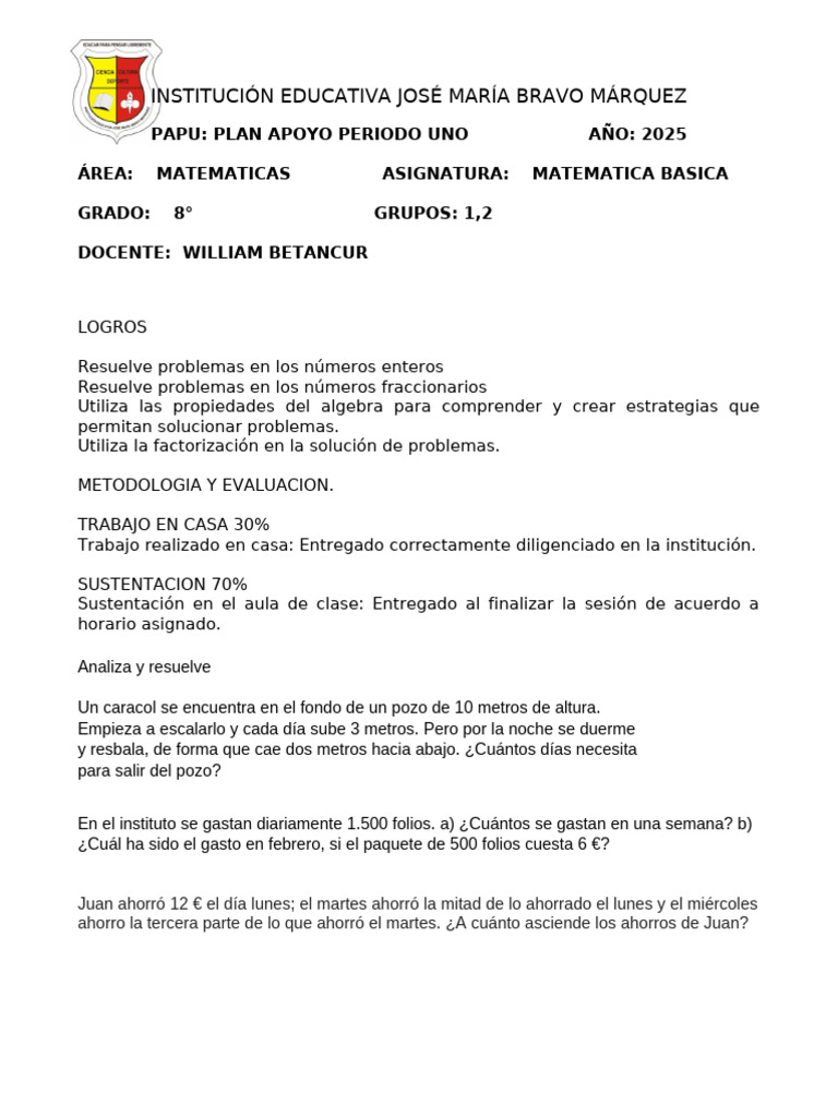Plan de Matemáticas 8° - Apoyo 2025 | PDF | Matemáticas