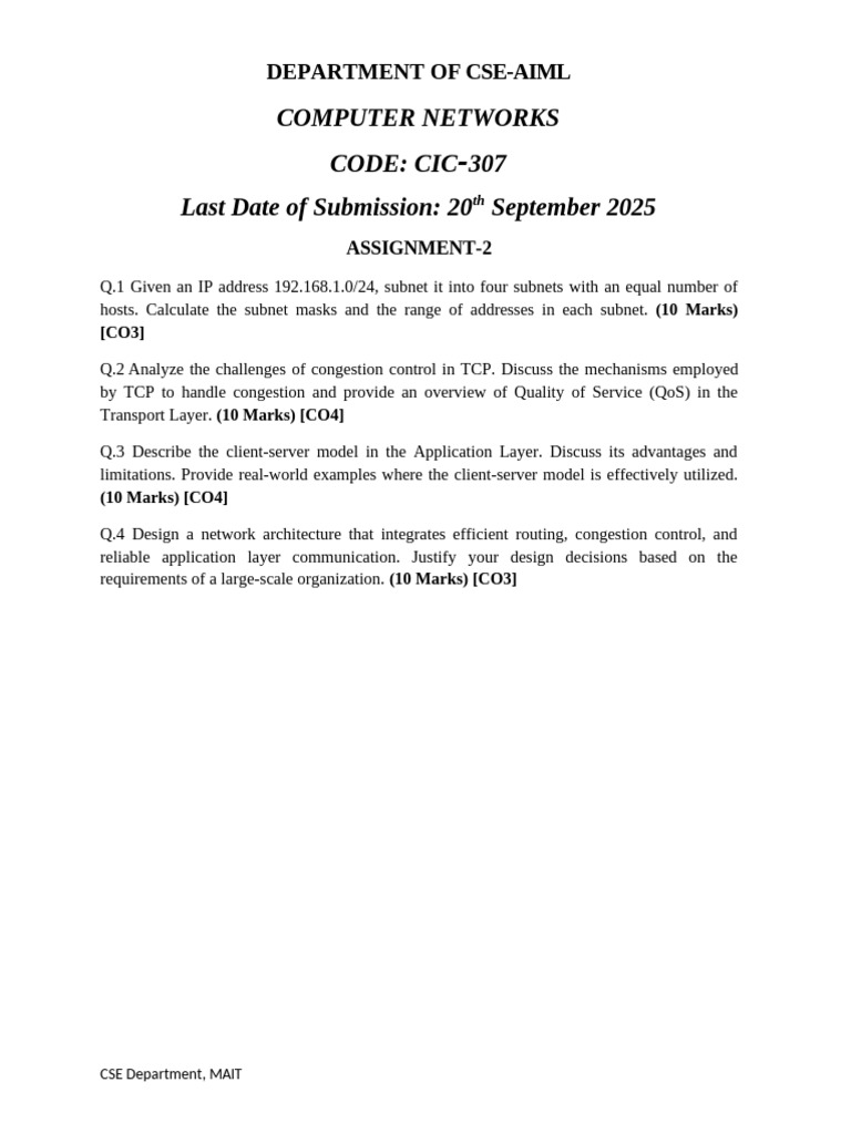 Computer Networks Second Assignment Nov 2025 | PDF