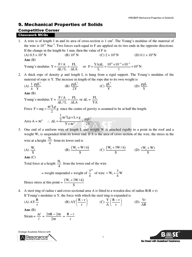 Mechanical Properties of Solids MCQs | PDF | Elasticity (Physics ...