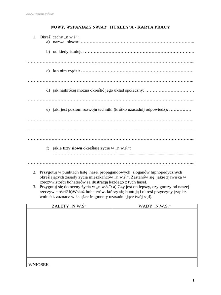 Huxley Karta Pracy | PDF