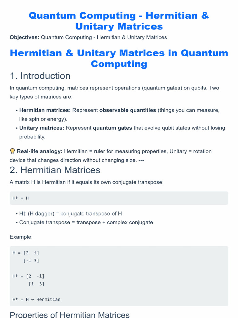 Quantum Computing - Hermitian & Unitary Matrices | PDF